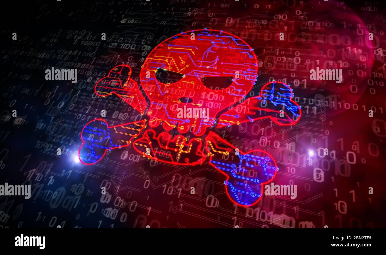 Cyber crime and skull icon. Piracy, digital attack, computer security ...