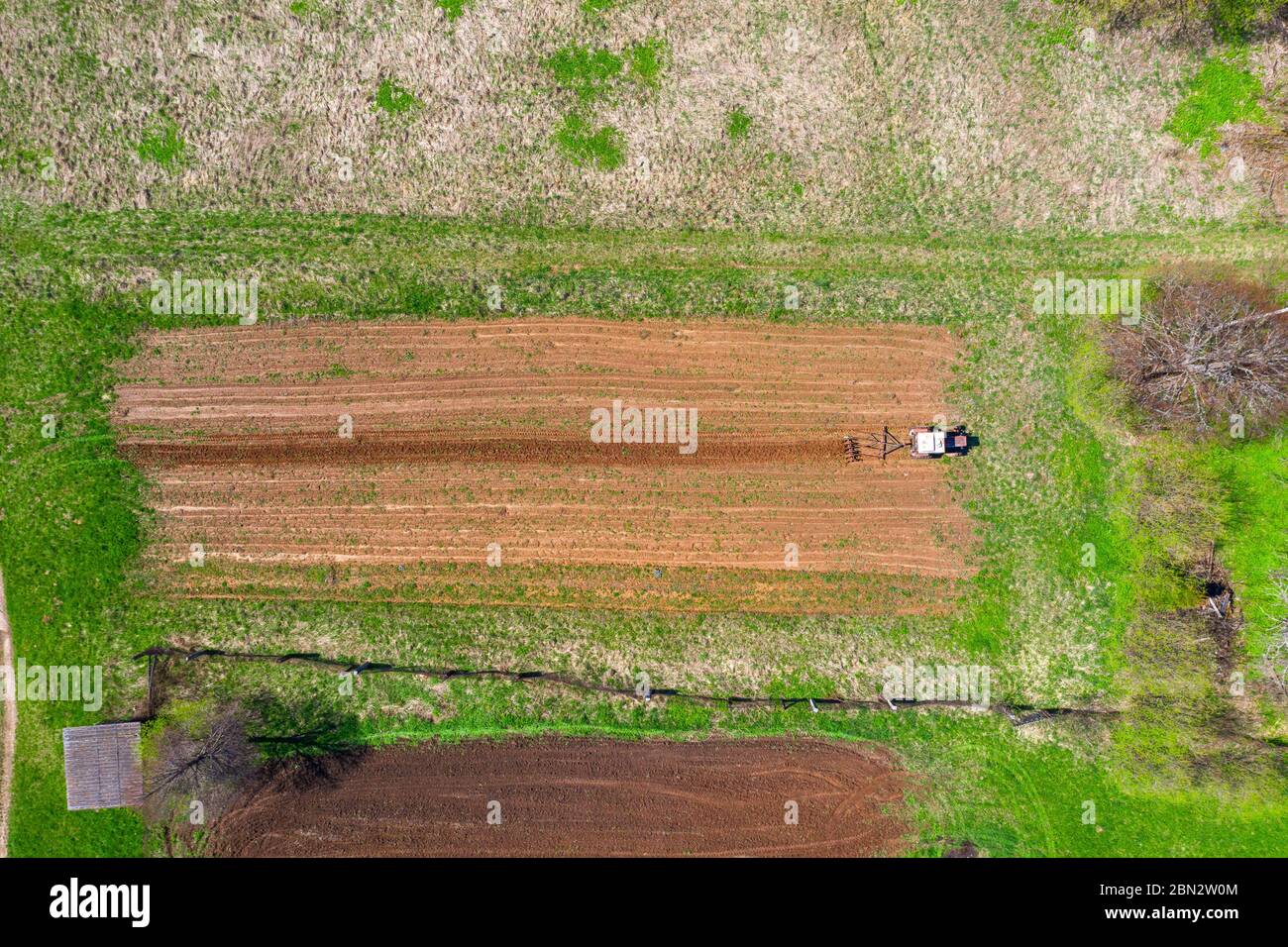 Tractor plows a small field in the village before planting vegetables ...