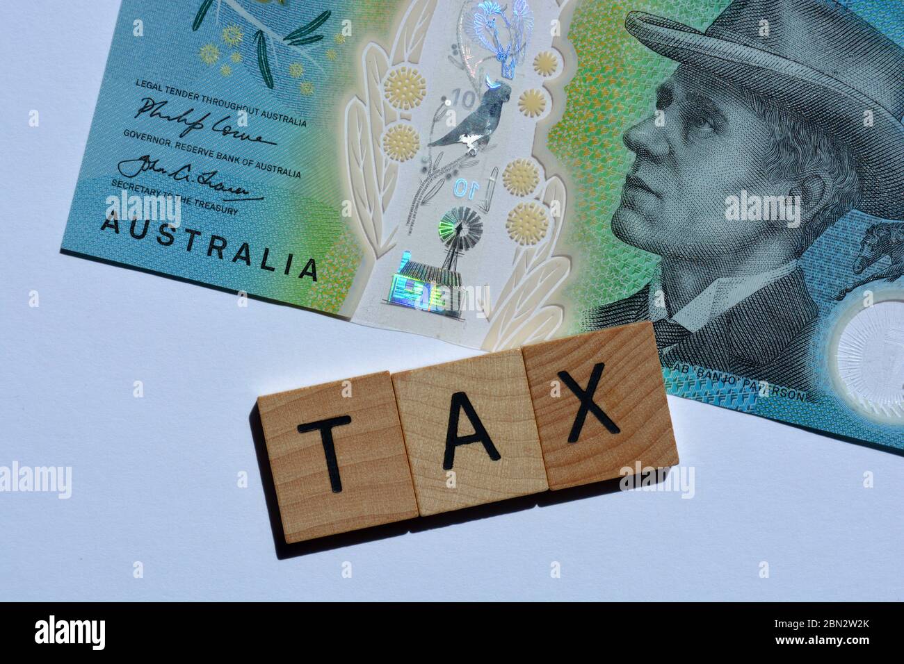 Australian banknote and the word Tax Stock Photo - Alamy
