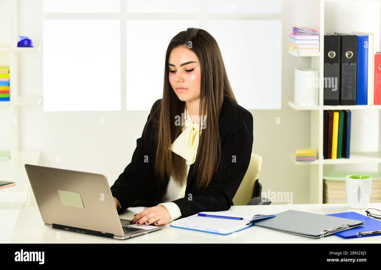 Online banking. Pretty woman notary at work laptop. Bank worker ...