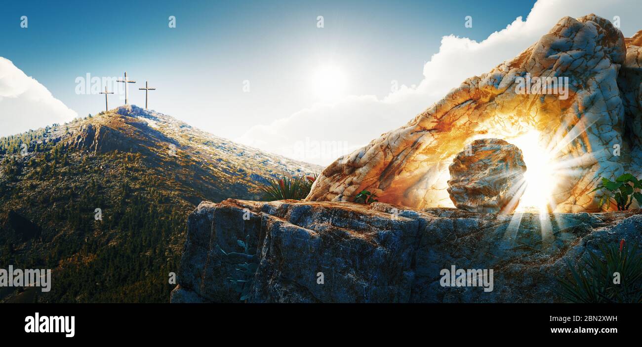 High resolution. Easter Sunday concept: Empty tomb stone with cross on meadow sunrise background ...
