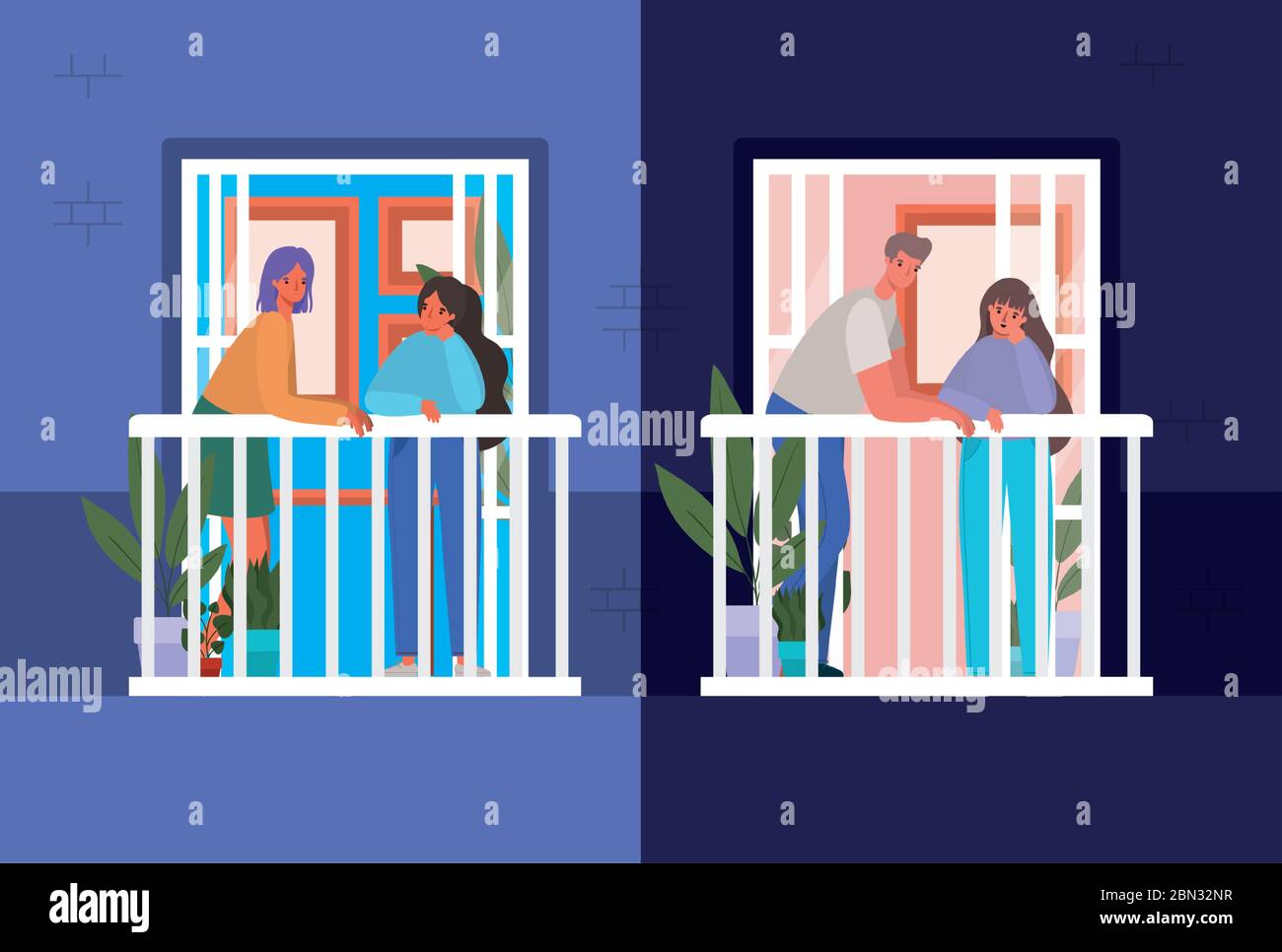 People looking out the windows with balconies from blue building vector ...