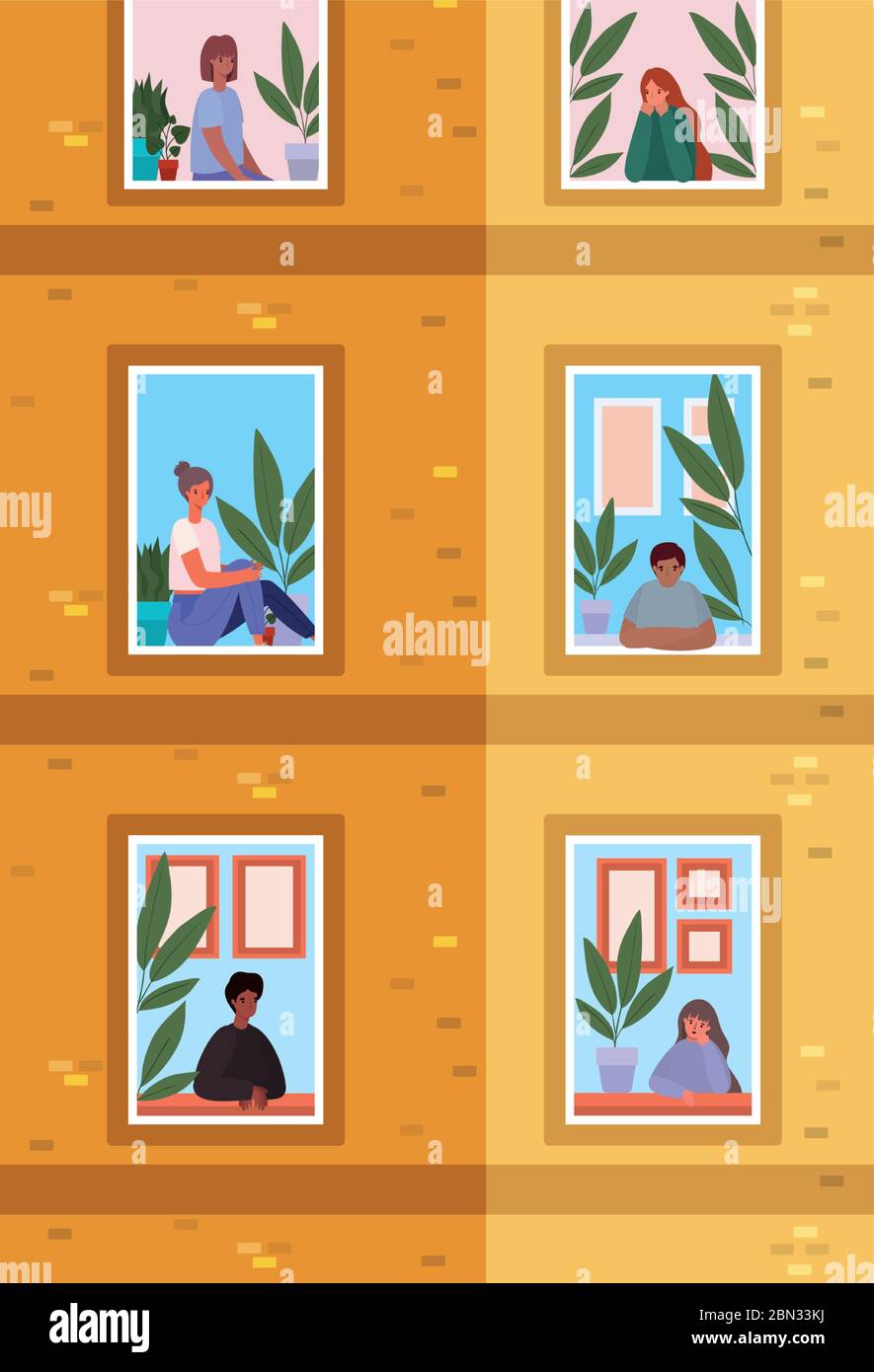 People looking out the windows from orange building vector design Stock ...