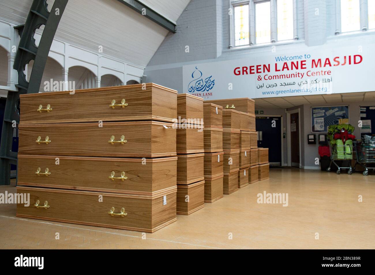 Empty caskets lie within Green Lane Mosque in Birmingham. The Mosque is ...