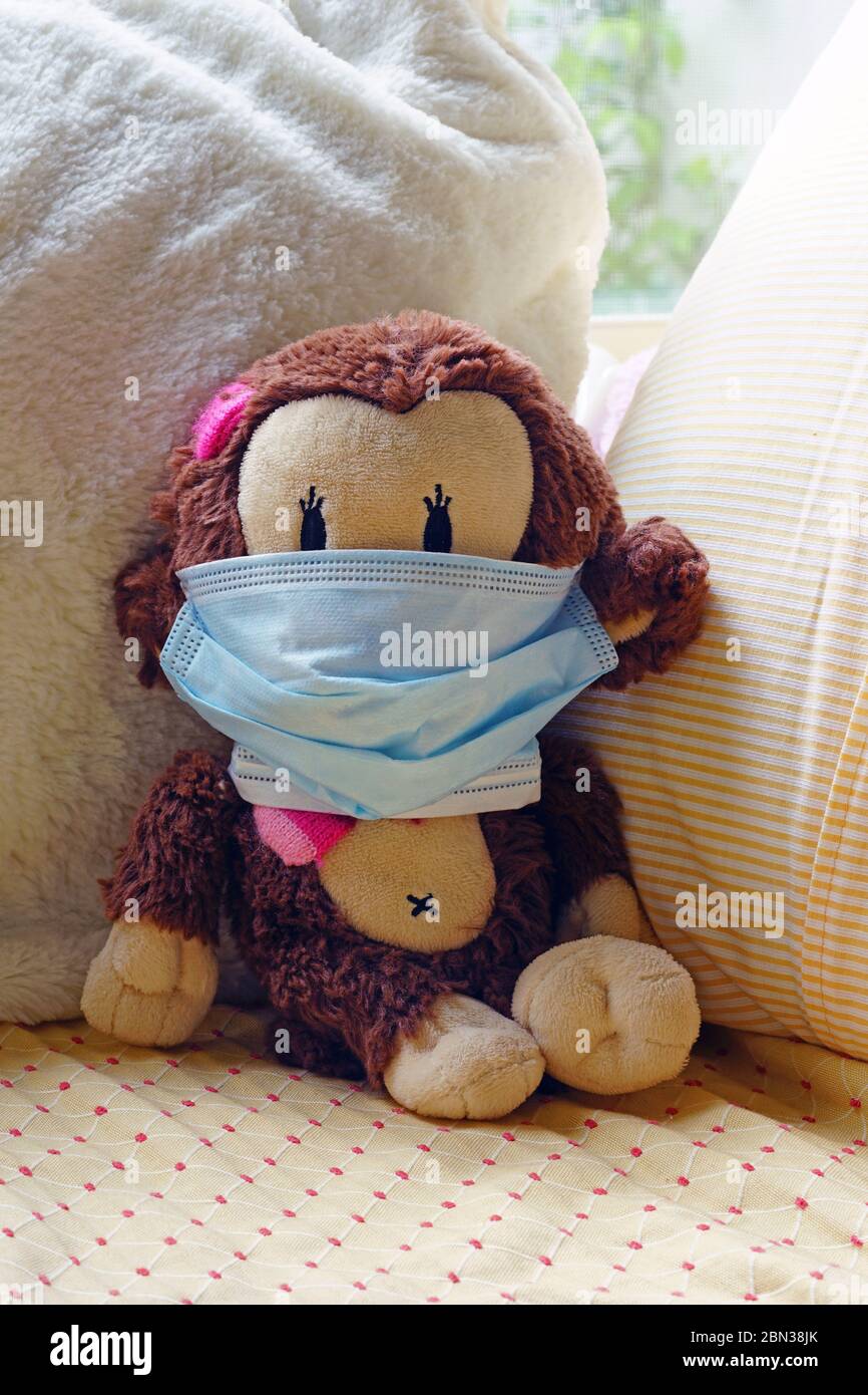 A childrens plush stuffed animal toy wearing a face mask during the ...
