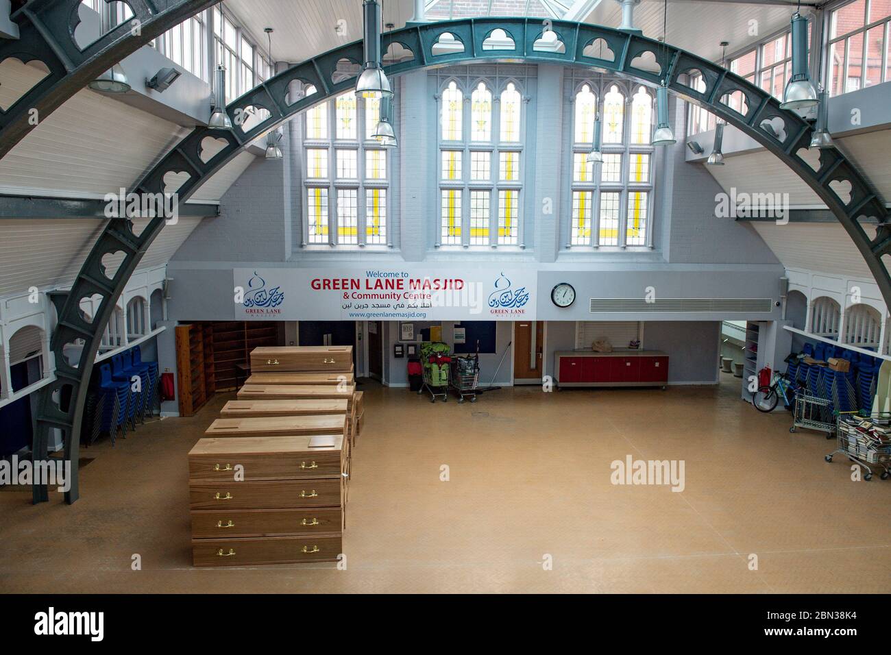 Empty caskets lie within Green Lane Mosque in Birmingham. The Mosque is ...