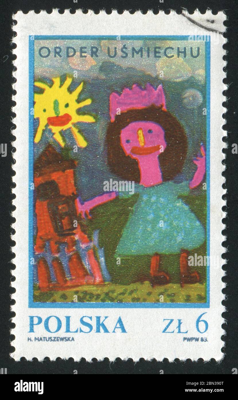 POLAND - CIRCA 1983: Children's drawing "Girl near house", circa 1983 ...