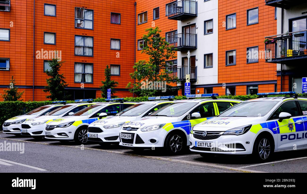 Line Of Law Enforcement Police Vehicles, Parked With No People Stock ...