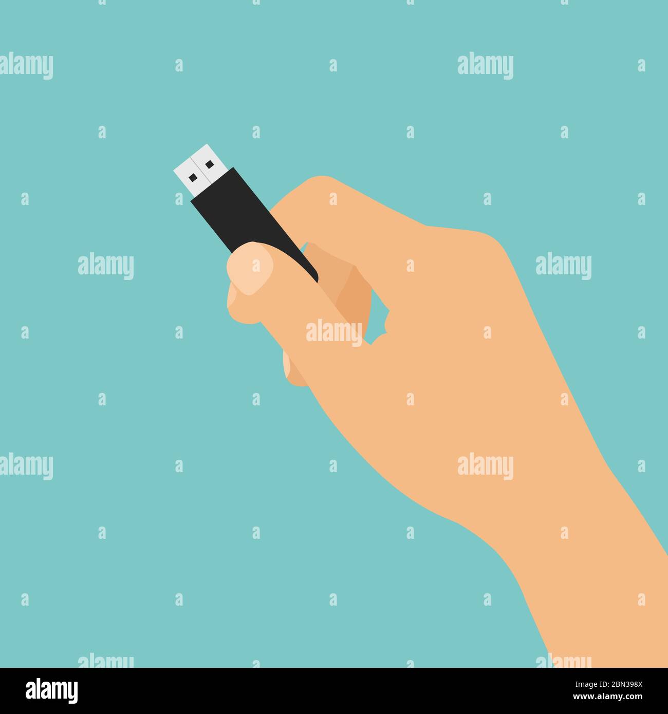 Flat design cartoon illustration of hand holding USB flash drive ...