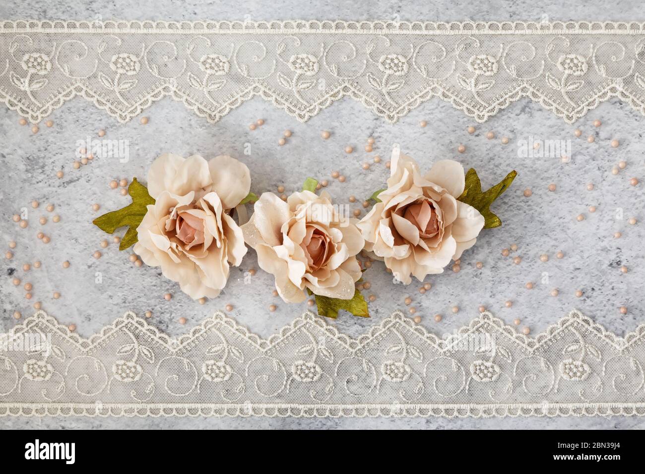 Wedding arrangement laying on table decorated with roses Stock Photo ...