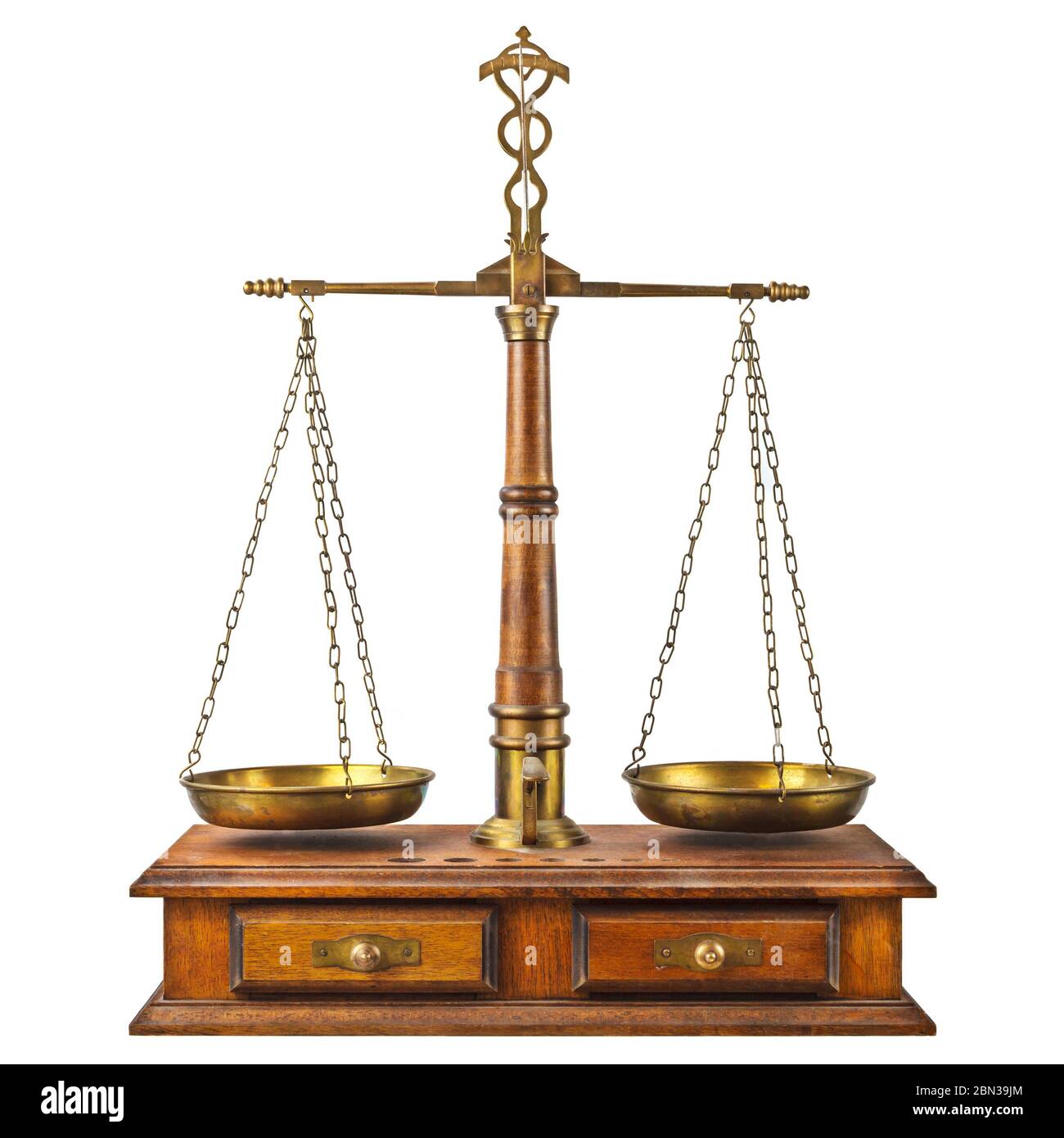 Ancient pharmacy balance with wooden base isolated on a white ...