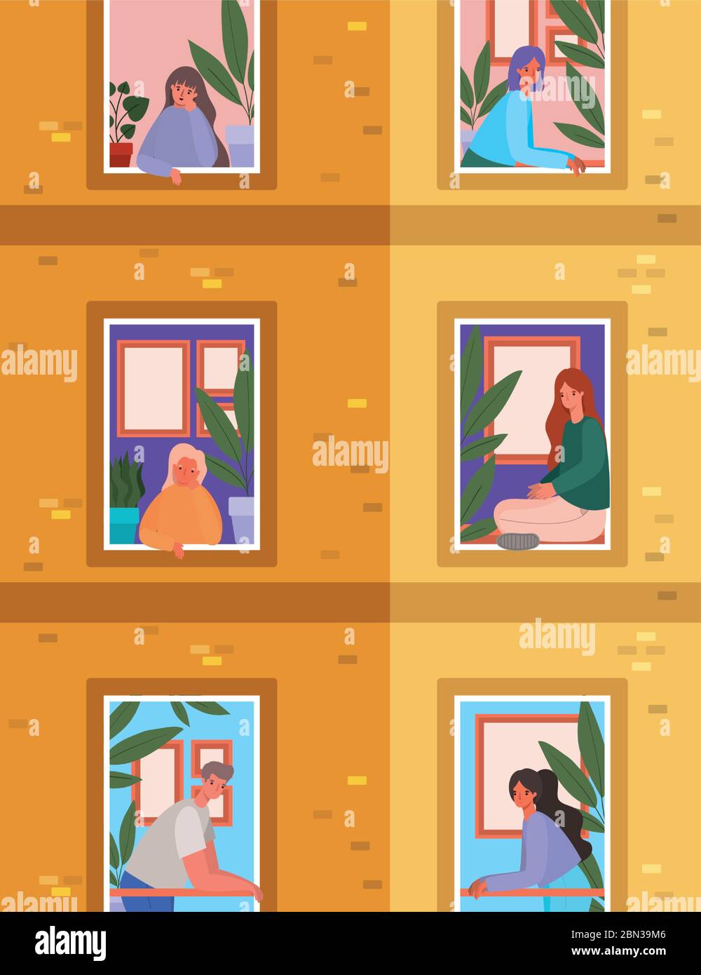 People looking out the windows from orange building vector design Stock ...