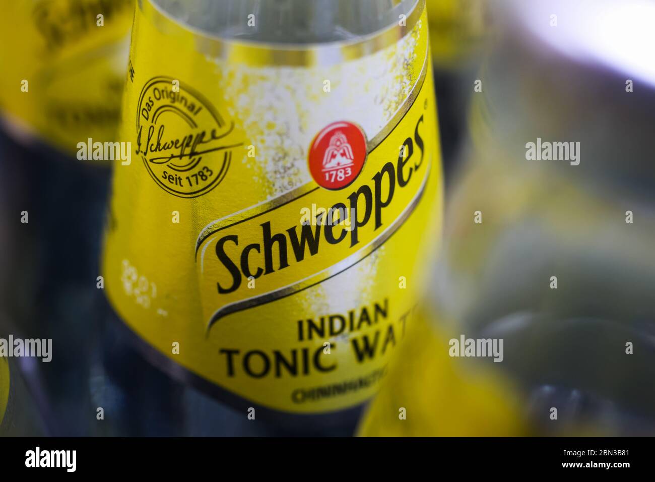 Viersen, Germany - May 9. 2020: Close up of yellow Schweppes Indian ...