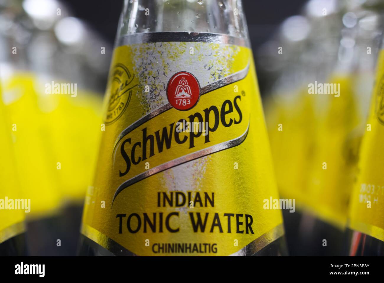 Viersen, Germany - May 9. 2020: Close up of yellow Schweppes Indian ...