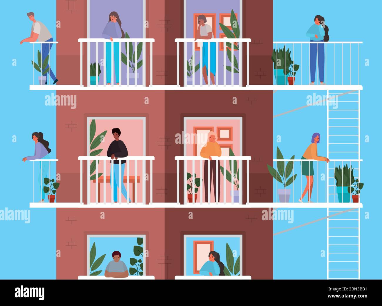 People looking out the windows with balconies from brown building ...