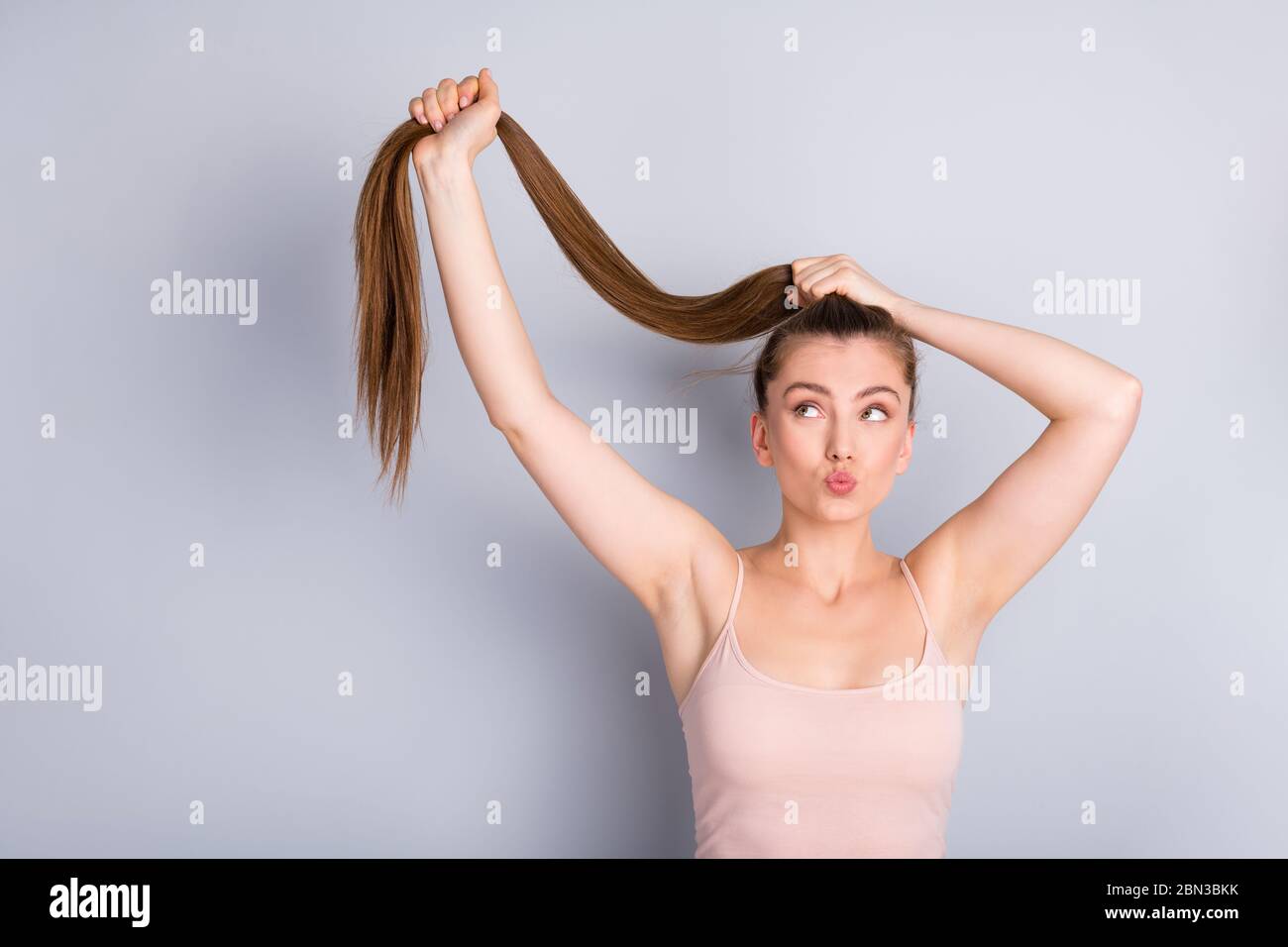 Photo of attractive overjoyed lady demonstrate ideal long healthy ...