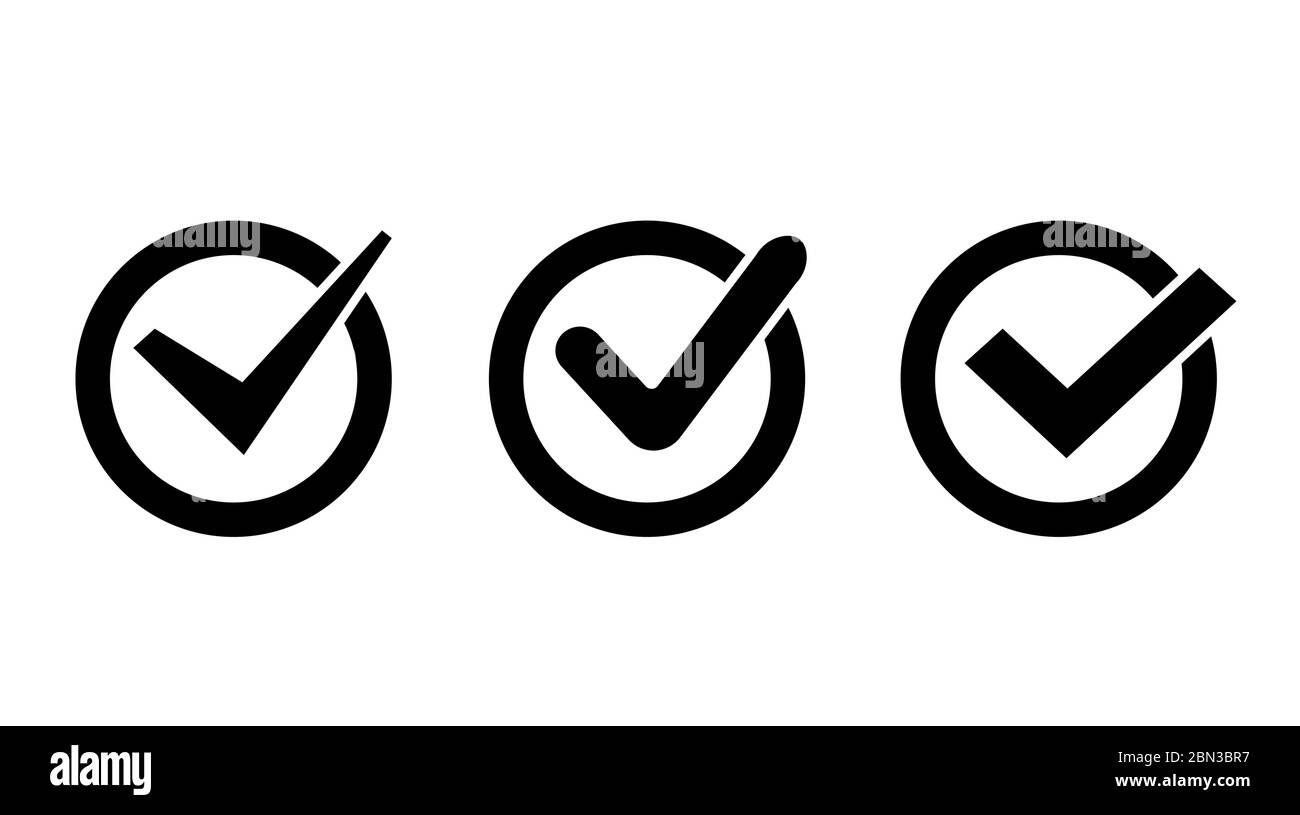 Three black vector check mark icons in circles and squares. Check mark ...