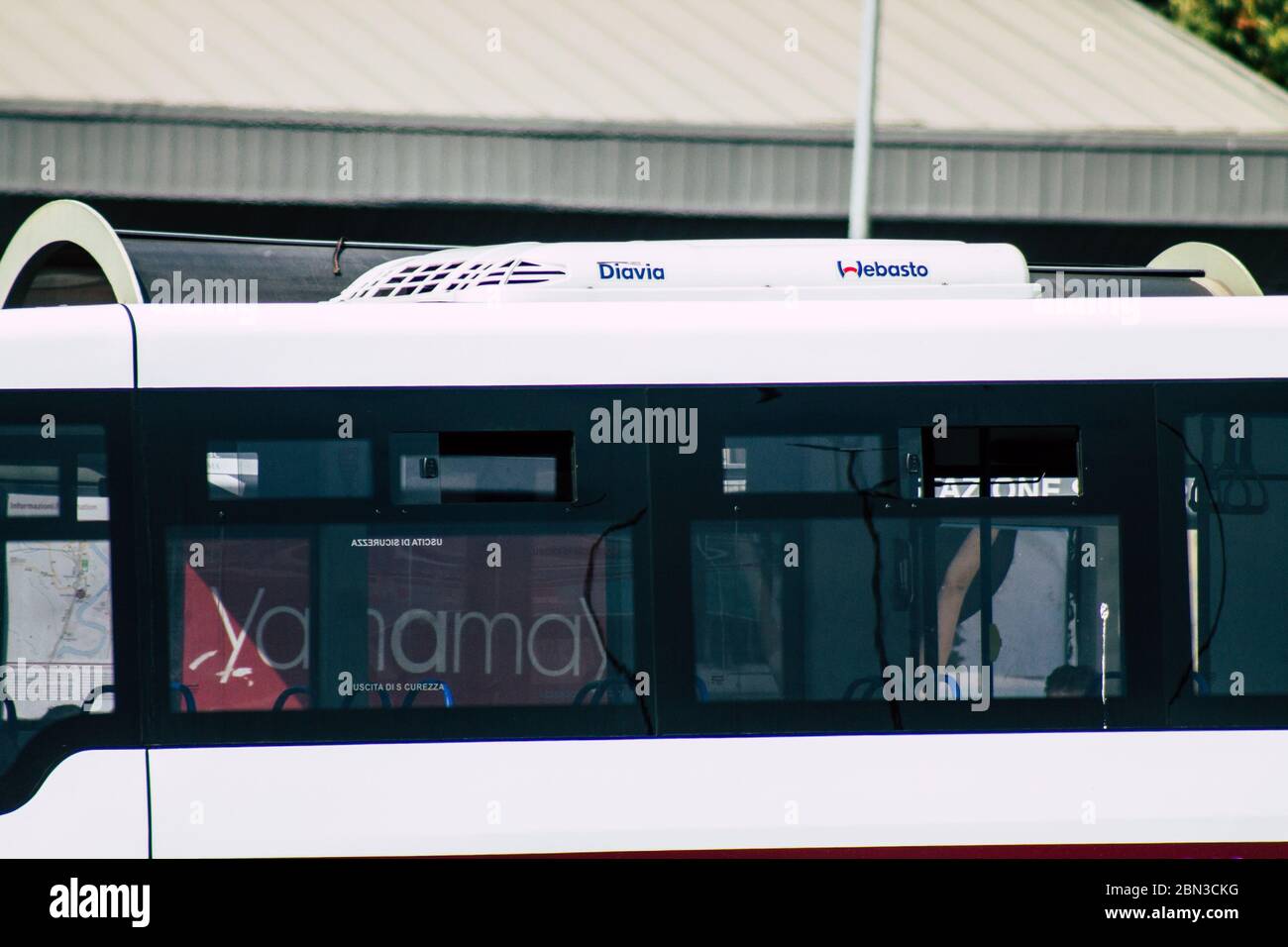 Rome Italy September 15, 2019 View of a white public bus rolling ...