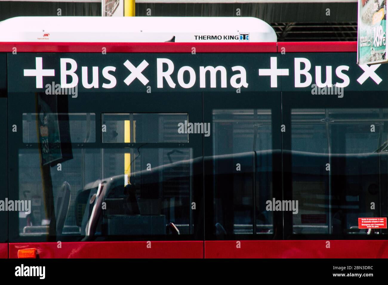 Rome Italy September 15, 2019 View of a red public bus rolling through ...