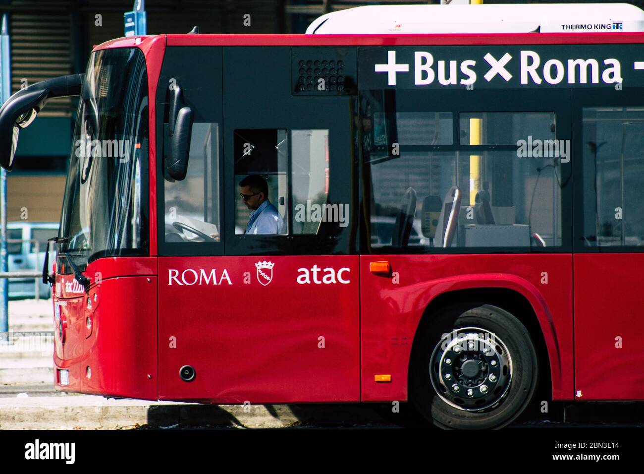 Rome Italy September 15, 2019 View of a red public bus rolling through ...