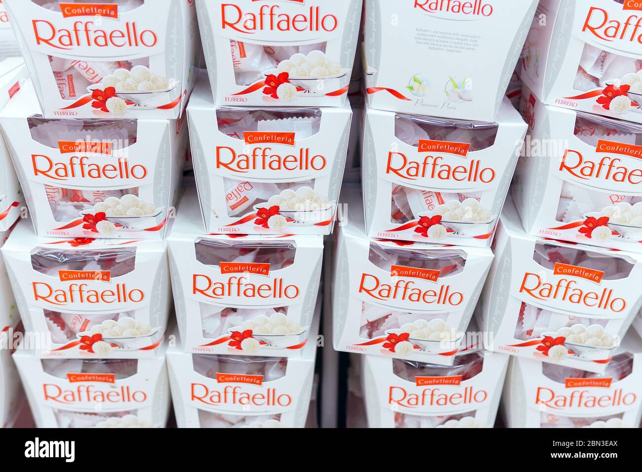 Tyumen, Russia-may 04, 2020: Raffaello Sweets in a close - up package ...