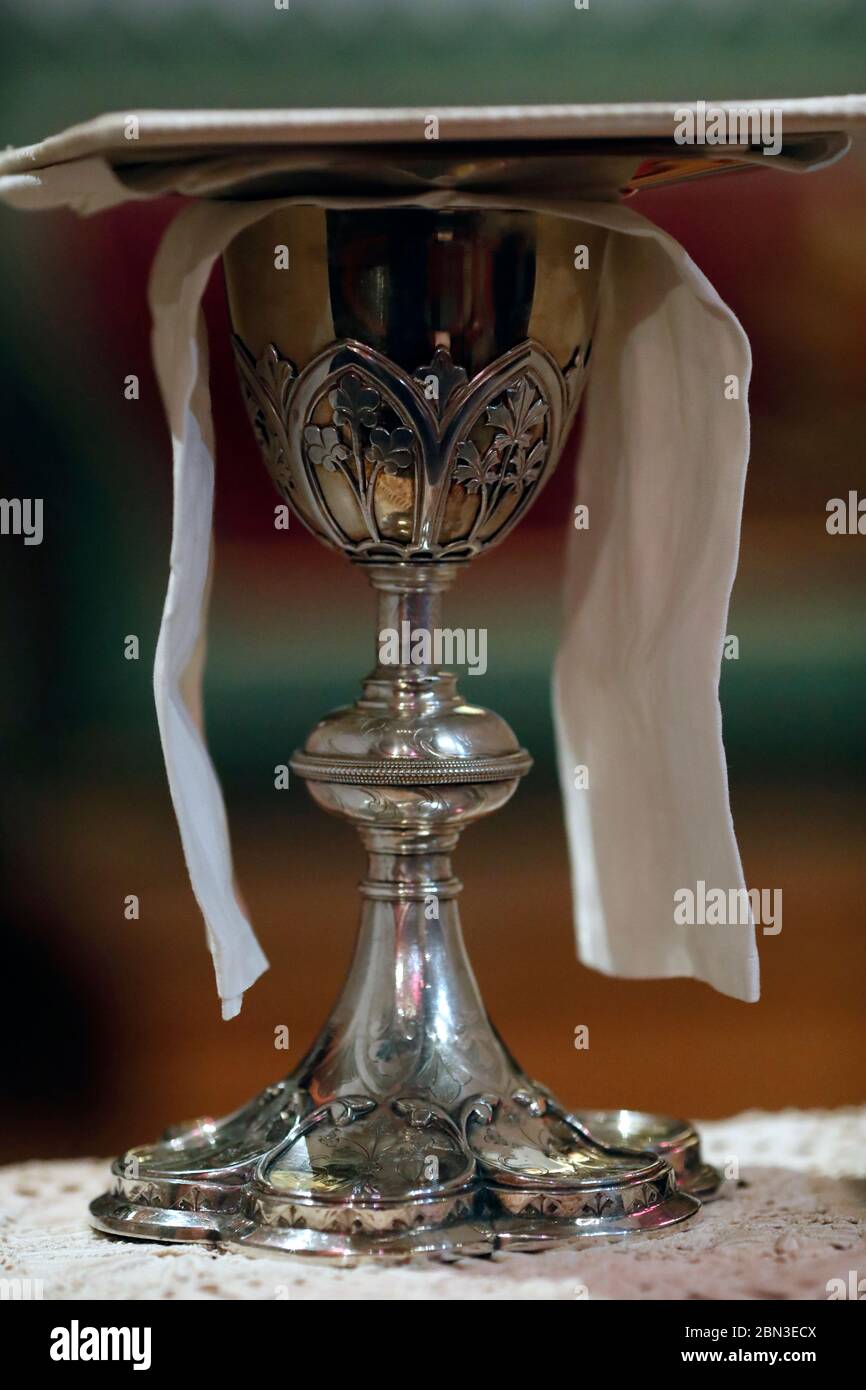 Eucharist table. Saint Martin church. Catholic mass. France Stock Photo ...