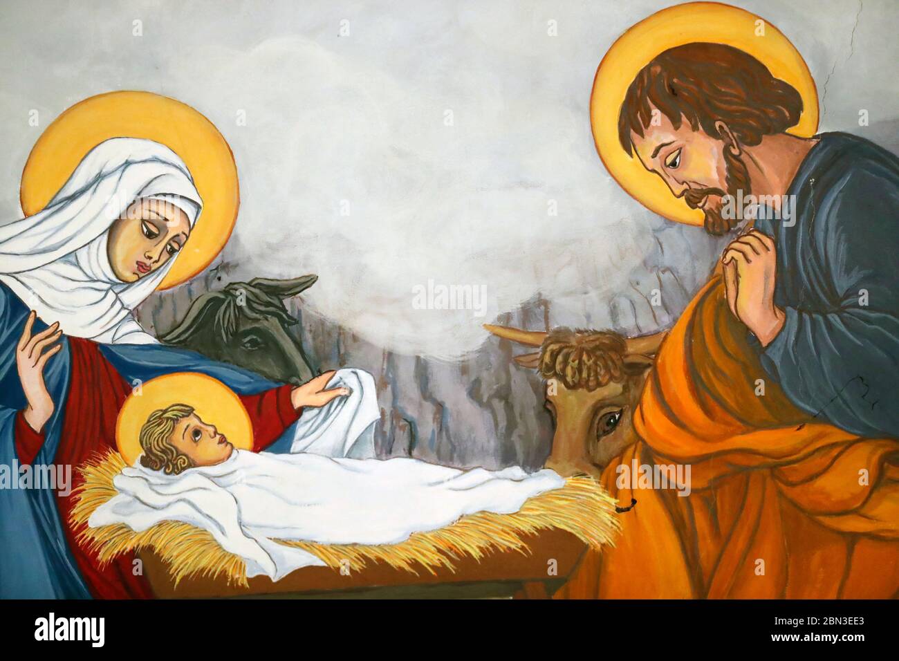 Domancy church. Wall painting. Nativity. France Stock Photo - Alamy