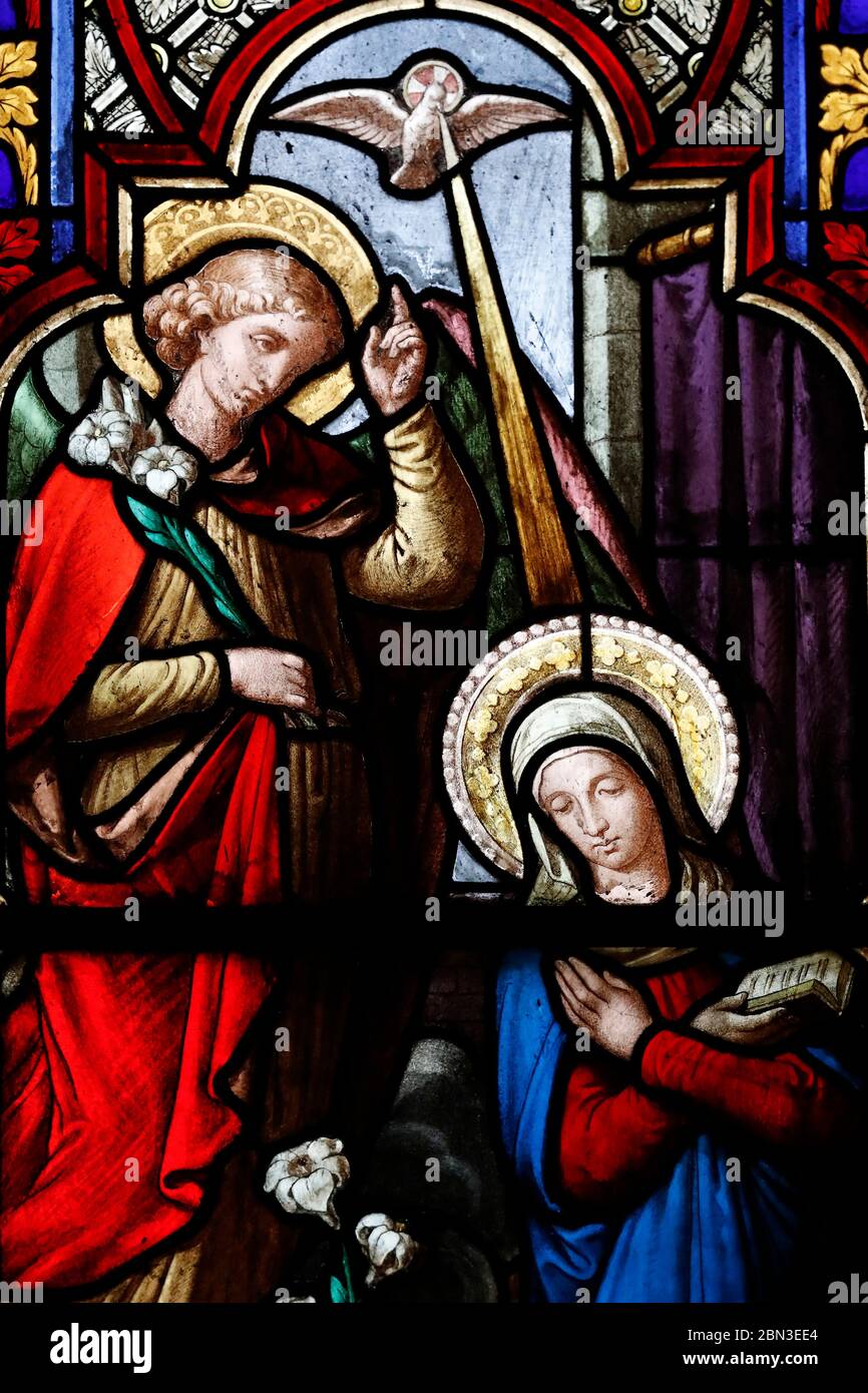 Chambery cathedral. Stained glass window. The Annunciation by the angel Gabriel to the Virgin ...