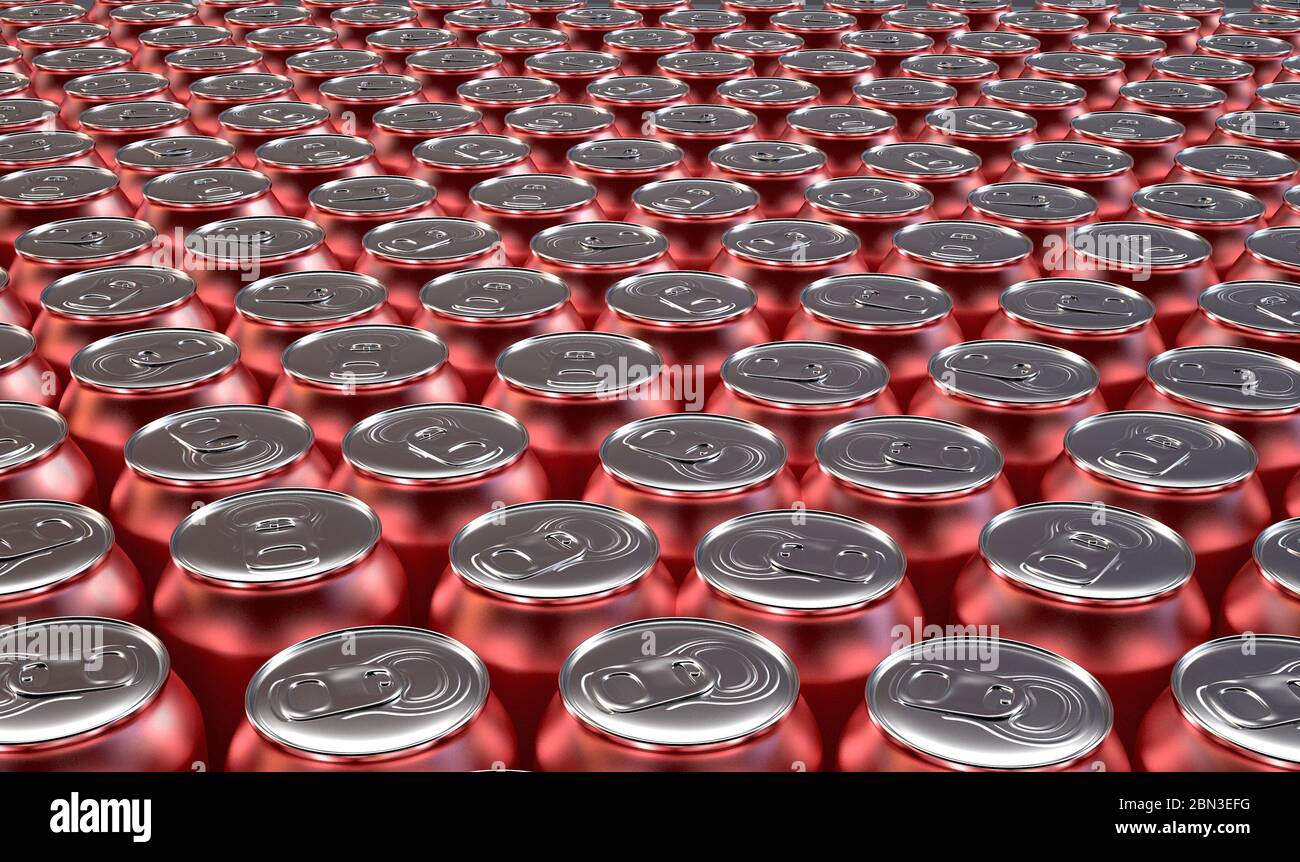 A collection of red tin cans at the end of a factory production line ...