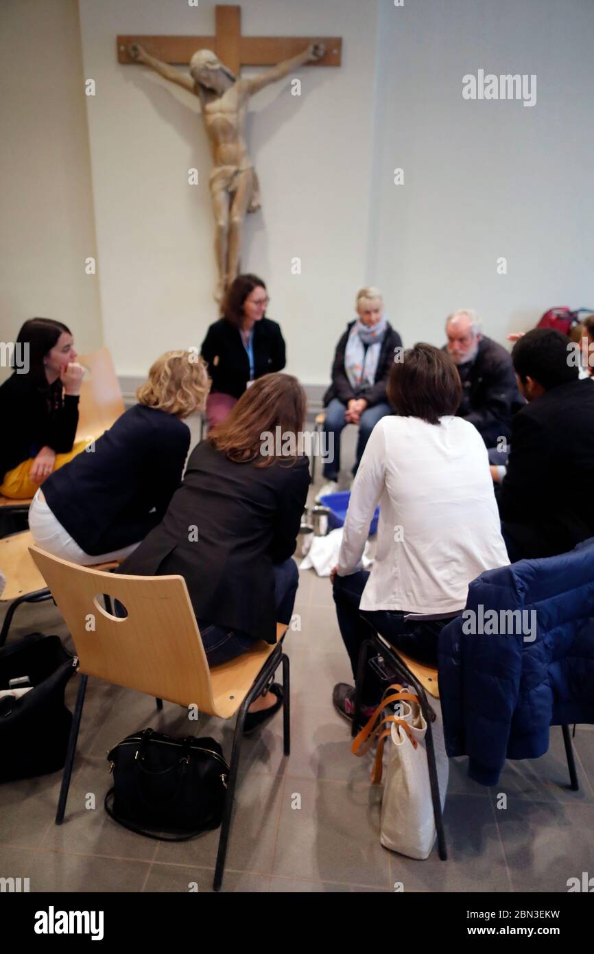 Feet washing ritual in a catholic church. Paray le Monial. France Stock ...