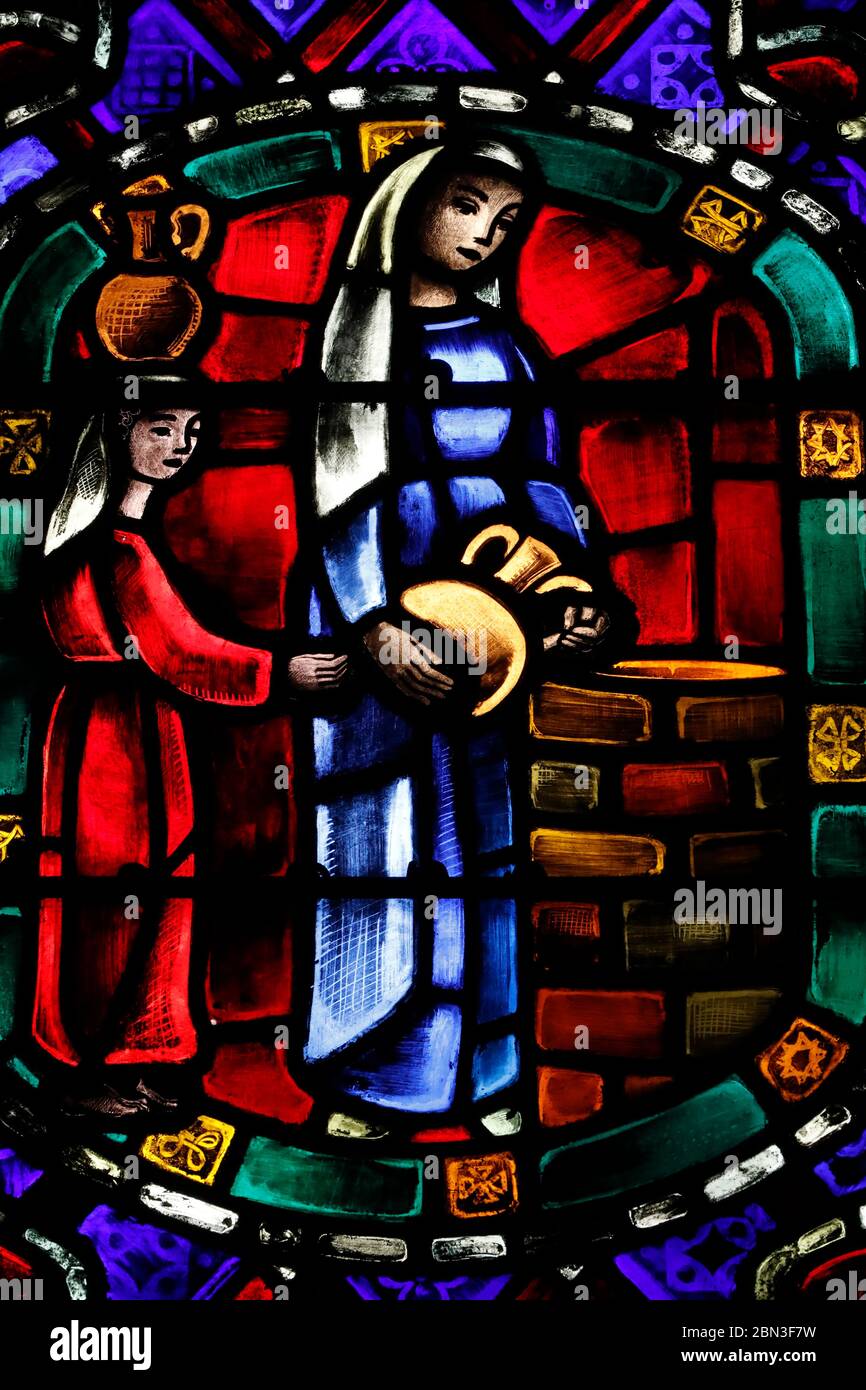 The American church in Paris. Stained glass window. The Samaritan woman ...