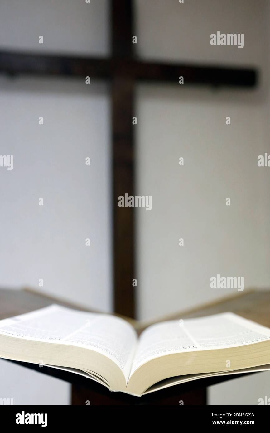 Protestant Evangelical Church. Cross and bible. Cluses. France Stock ...