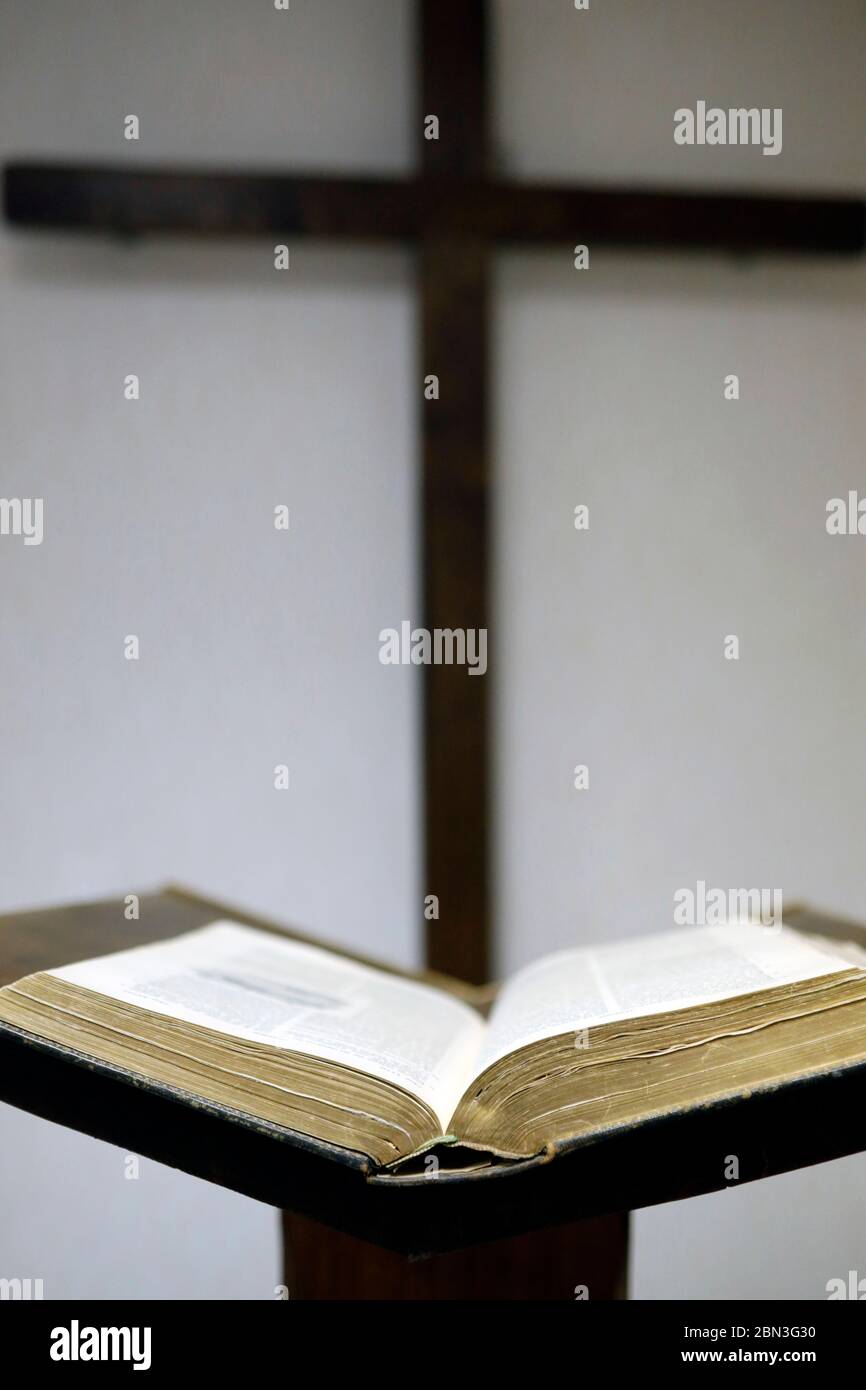 Protestant Evangelical Church. Cross and bible. Cluses. France Stock ...