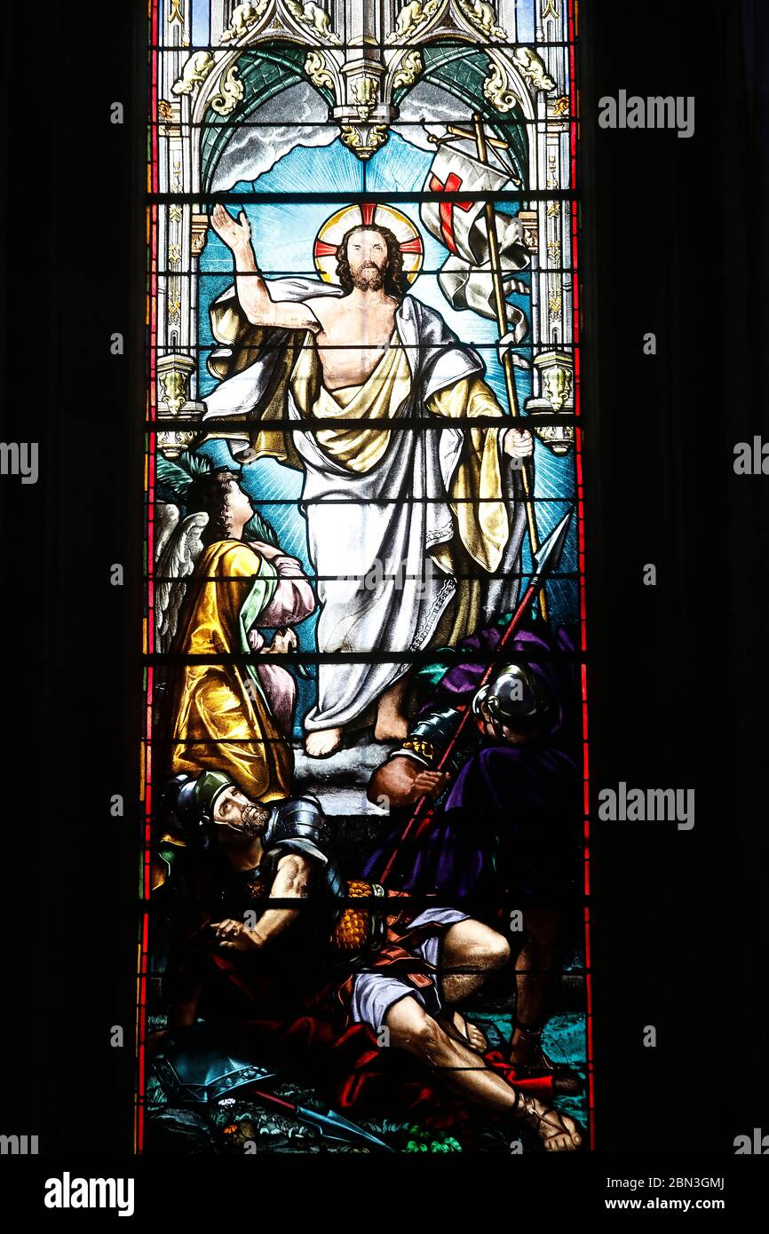 Saint Remy church, Vanves, France. Stained glass depicting the ...