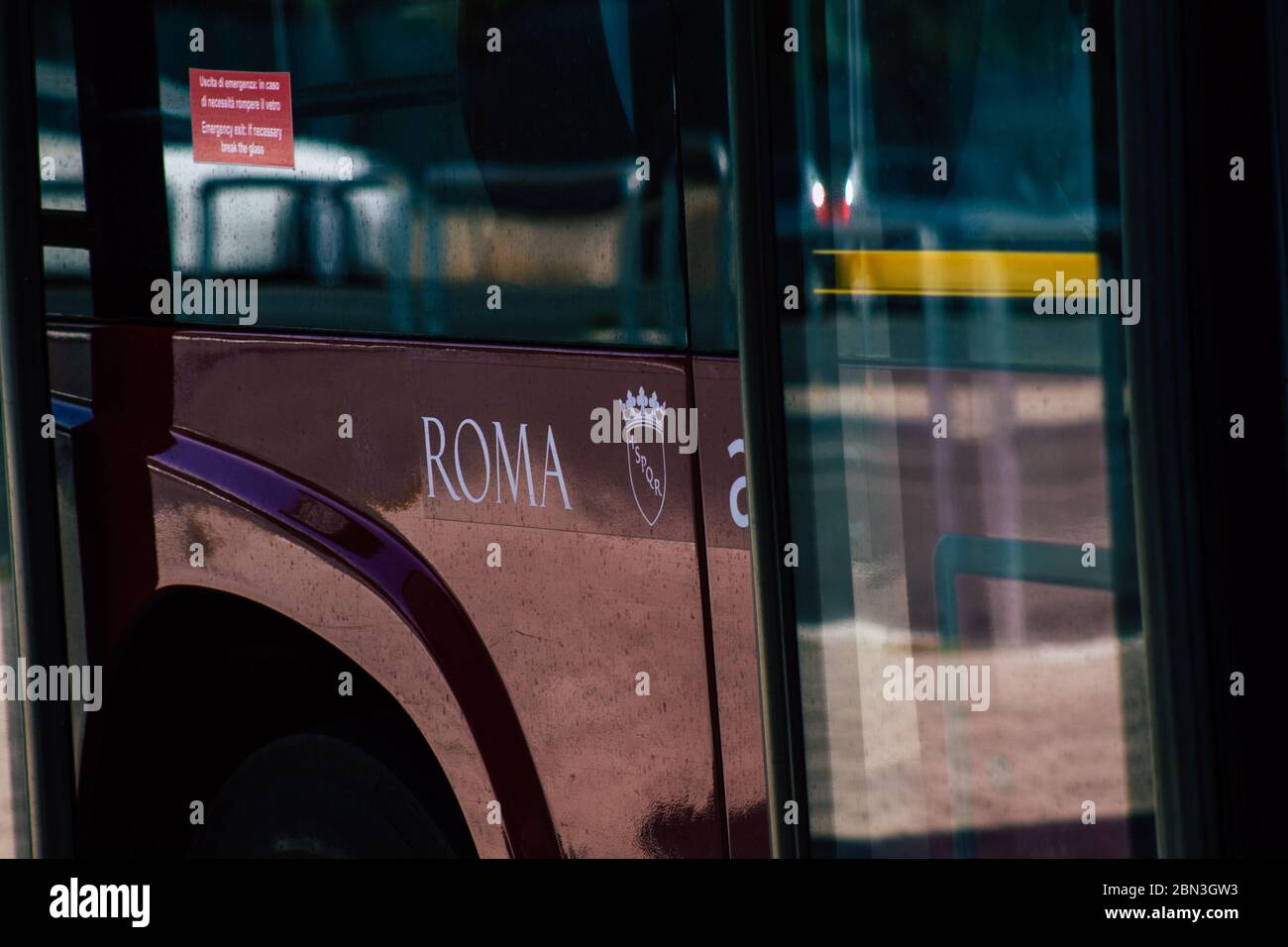 Rome Italy September 15, 2019 View of a red public bus rolling through ...