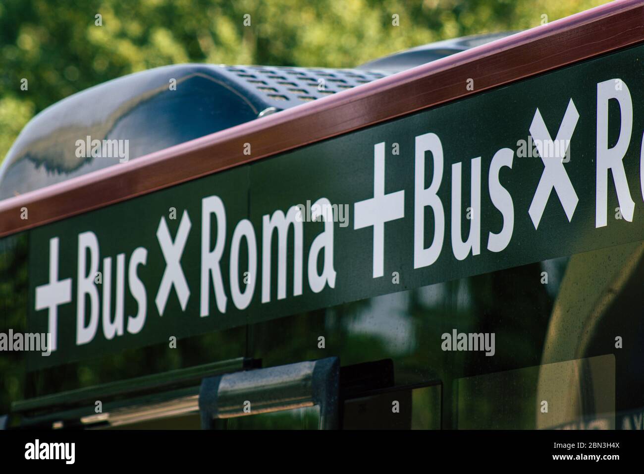 Rome Italy September 15, 2019 View of a red public bus rolling through ...
