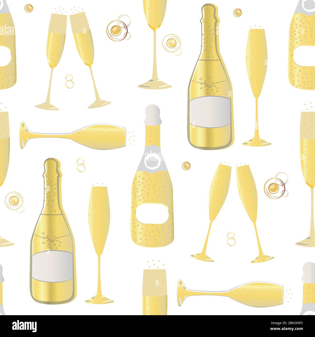 Champagne bottle vector seamless pattern background. Hand drawn bubbles, glasses, fizzy drink ...