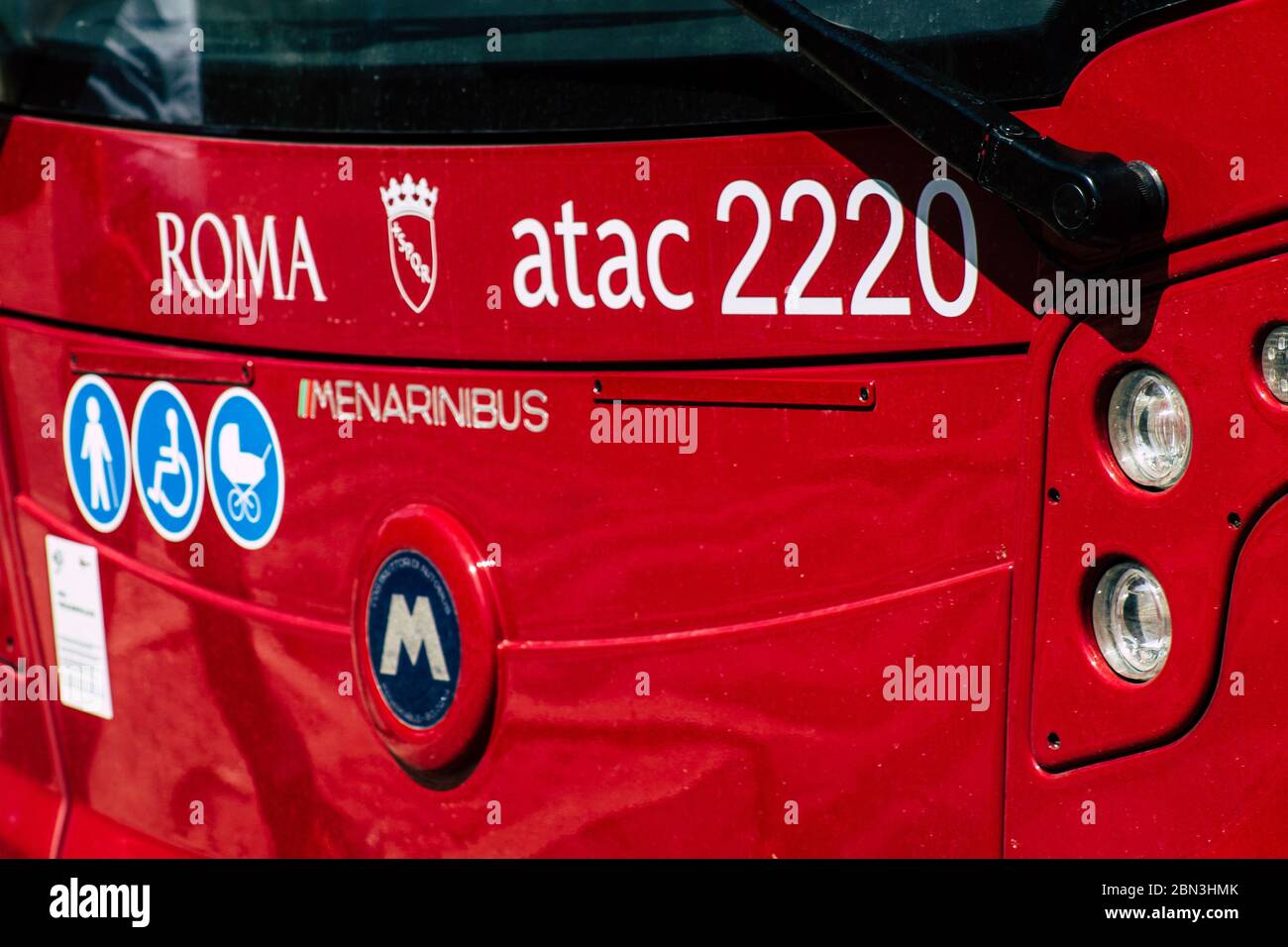 Rome Italy September 15, 2019 View of a red public bus rolling through ...