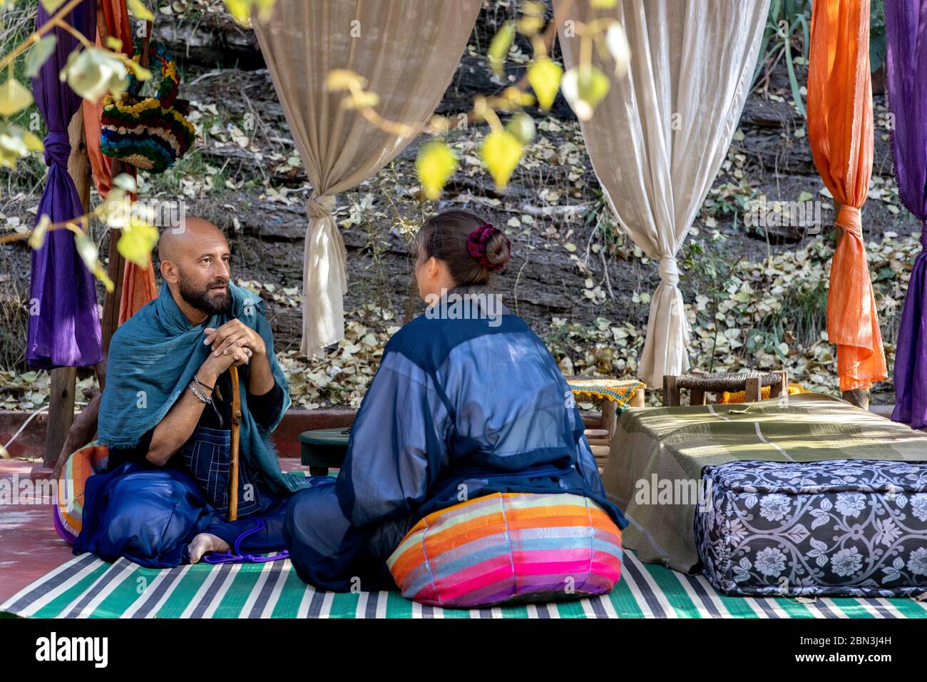 Zen master giving a dokusan (private talk with a disciple) during a ...