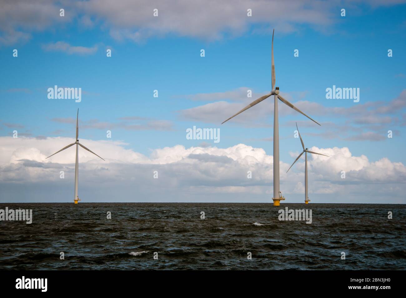 path by the dike to the huge windmill park with huge turbines in the ...