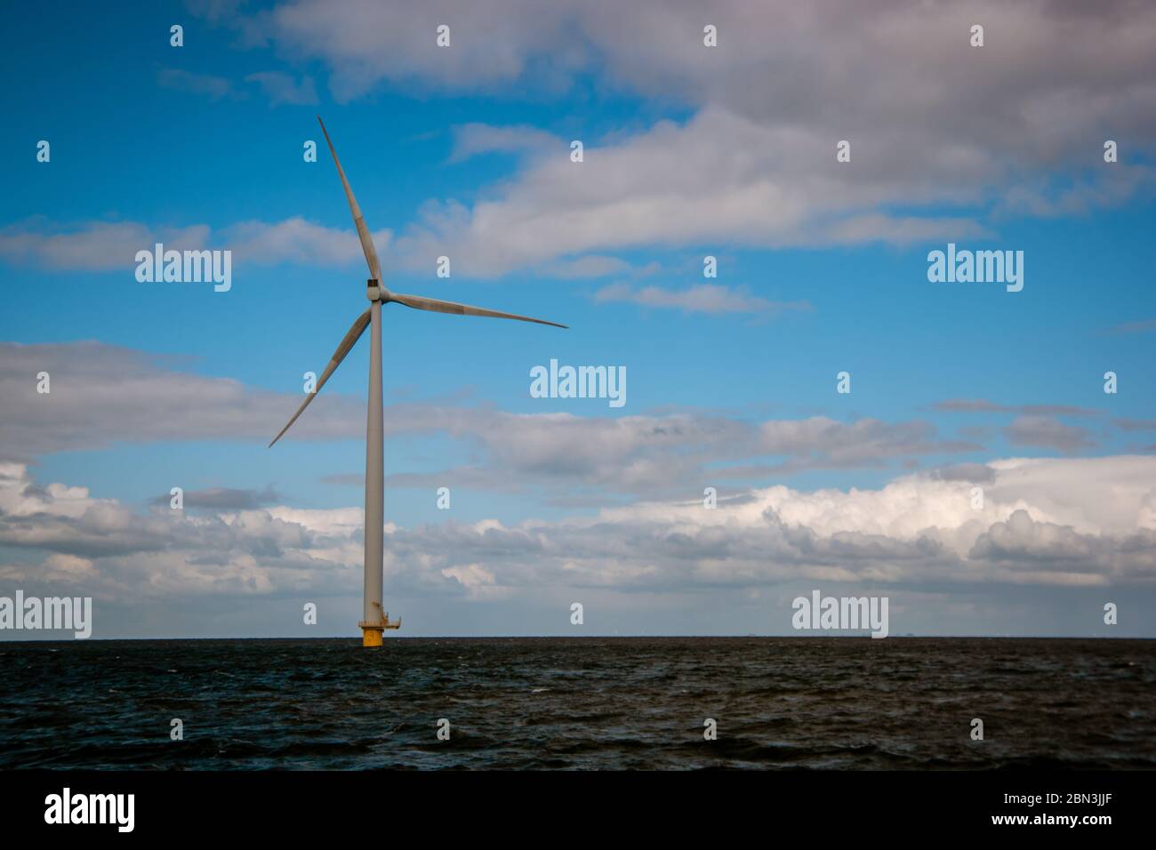 path by the dike to the huge windmill park with huge turbines in the ...
