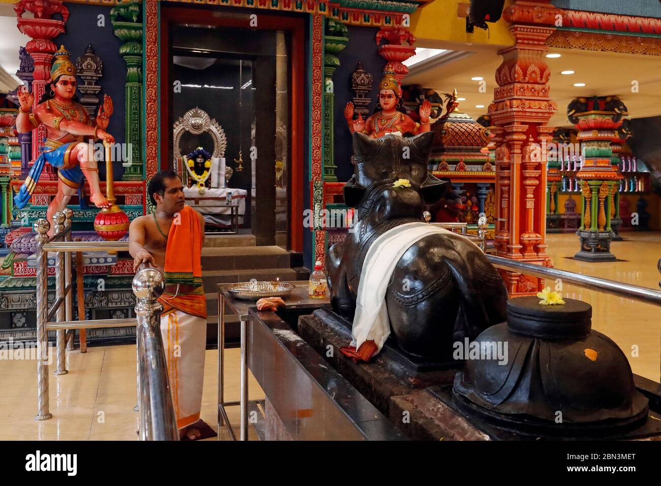 Hindu temple and shrine of Batu Caves. Hindu priest doing puja worship ...