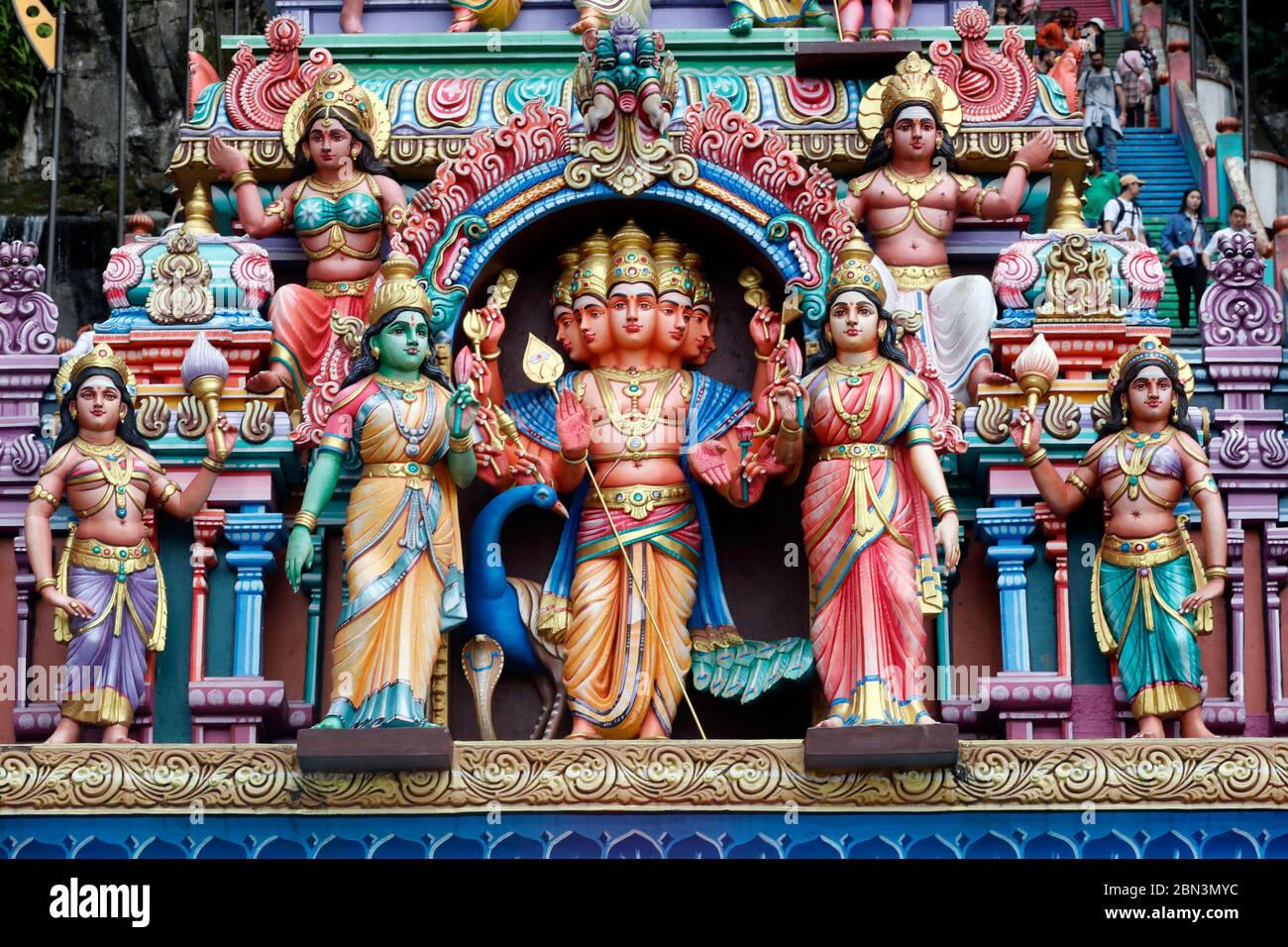 Hindu temple and shrine of Batu Caves. Colorful statues of various ...