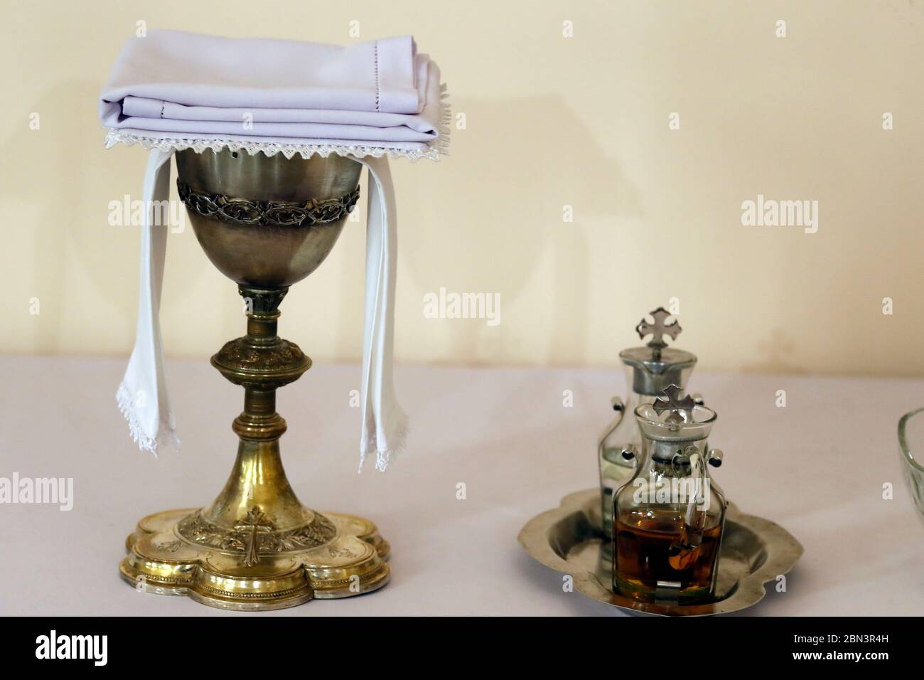 Catholic church. Eucharist celebration. Chalice and cruets. Quy Nhon ...