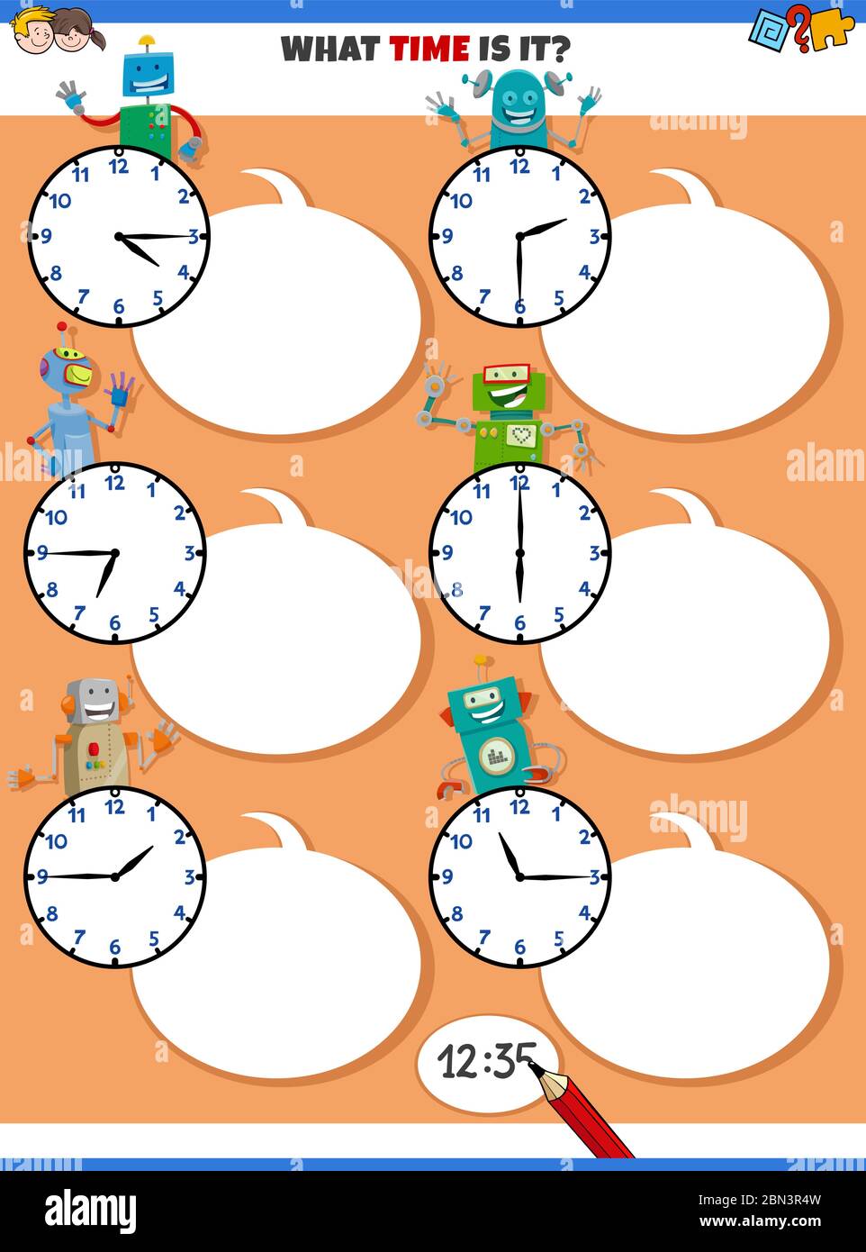 Cartoon Illustrations of Telling Time Educational Activity with Clock ...