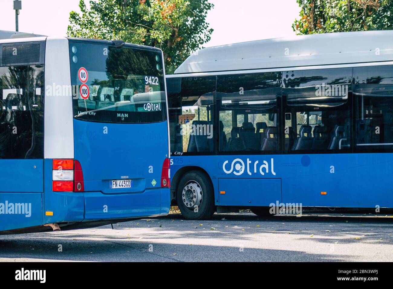 Rome Italy September 15, 2019 View of blue public buses parked at the ...