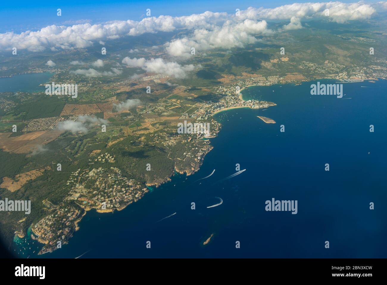 View of the skyline of Palma de Mallorca from airplane window. Panaroma ...