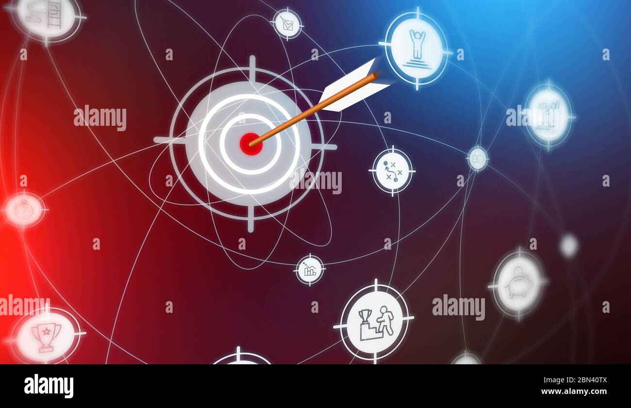 Achieving goals. Illustration with arrow hitting target on color ...