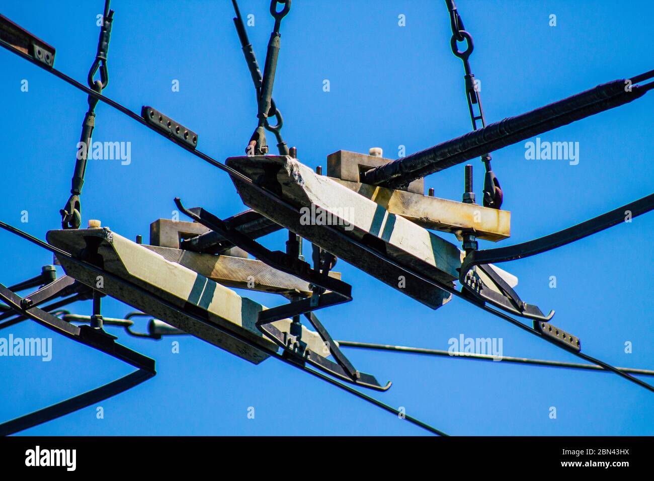 Athens Greece September 5, 2019 Closeup of the electric bus system in ...