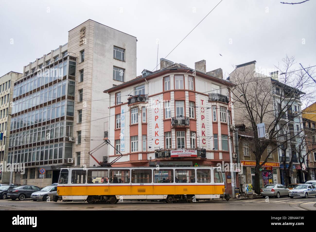 SOFIA, BULGARIA - 26TH MARCH 2018: Buildings and trams in Sofia during ...